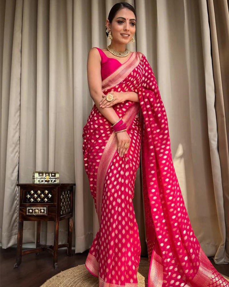 Beautiful Rani Pink Color Banarasi Jacquard Weaving Saree - Deals N Buy