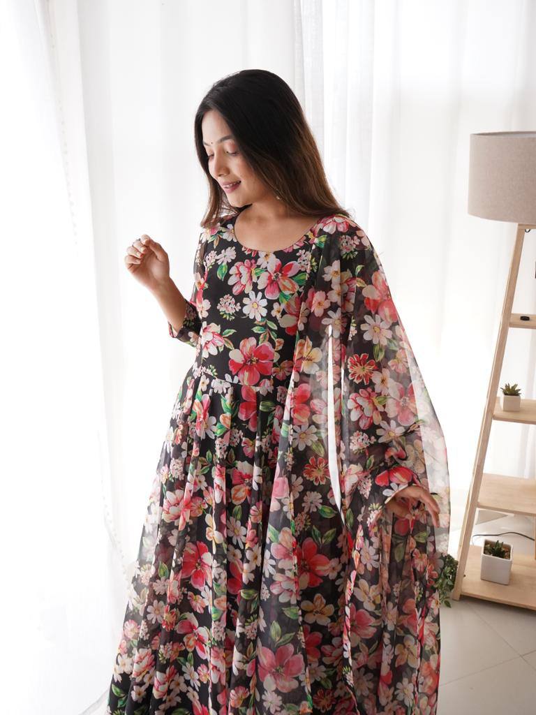 Black Color Beautiful Digital Printed Designer Gown - Deals N Buy